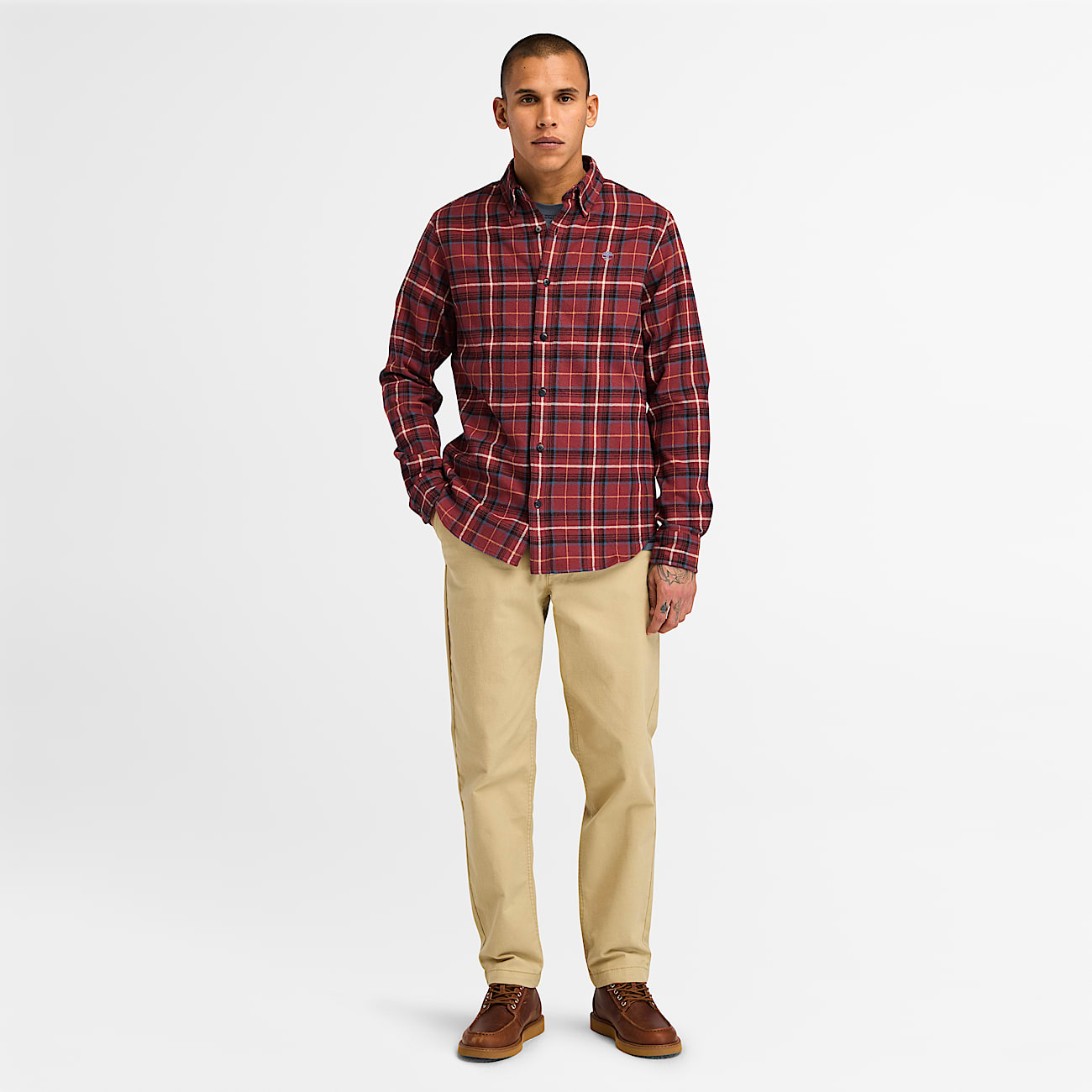 Midweight Flannel Check Shirt for Men in Dark Red