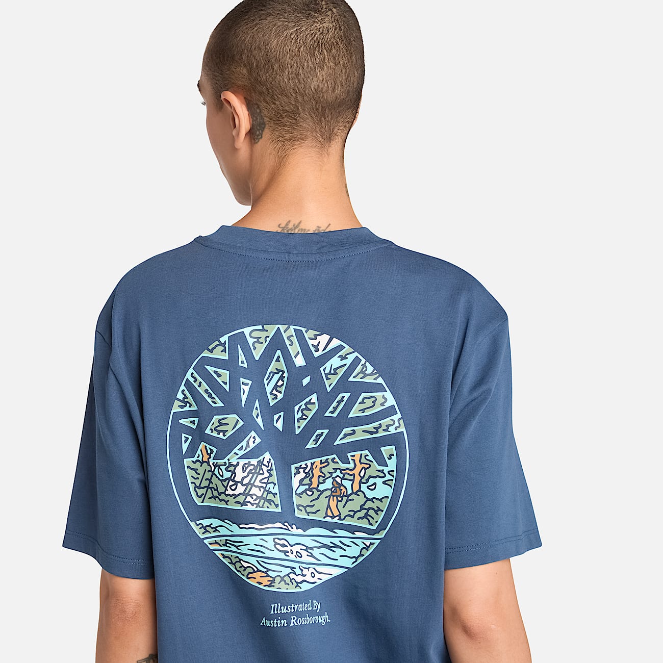 Illustrated Tree Logo Back Graphic T-Shirt for Men in Dark Blue