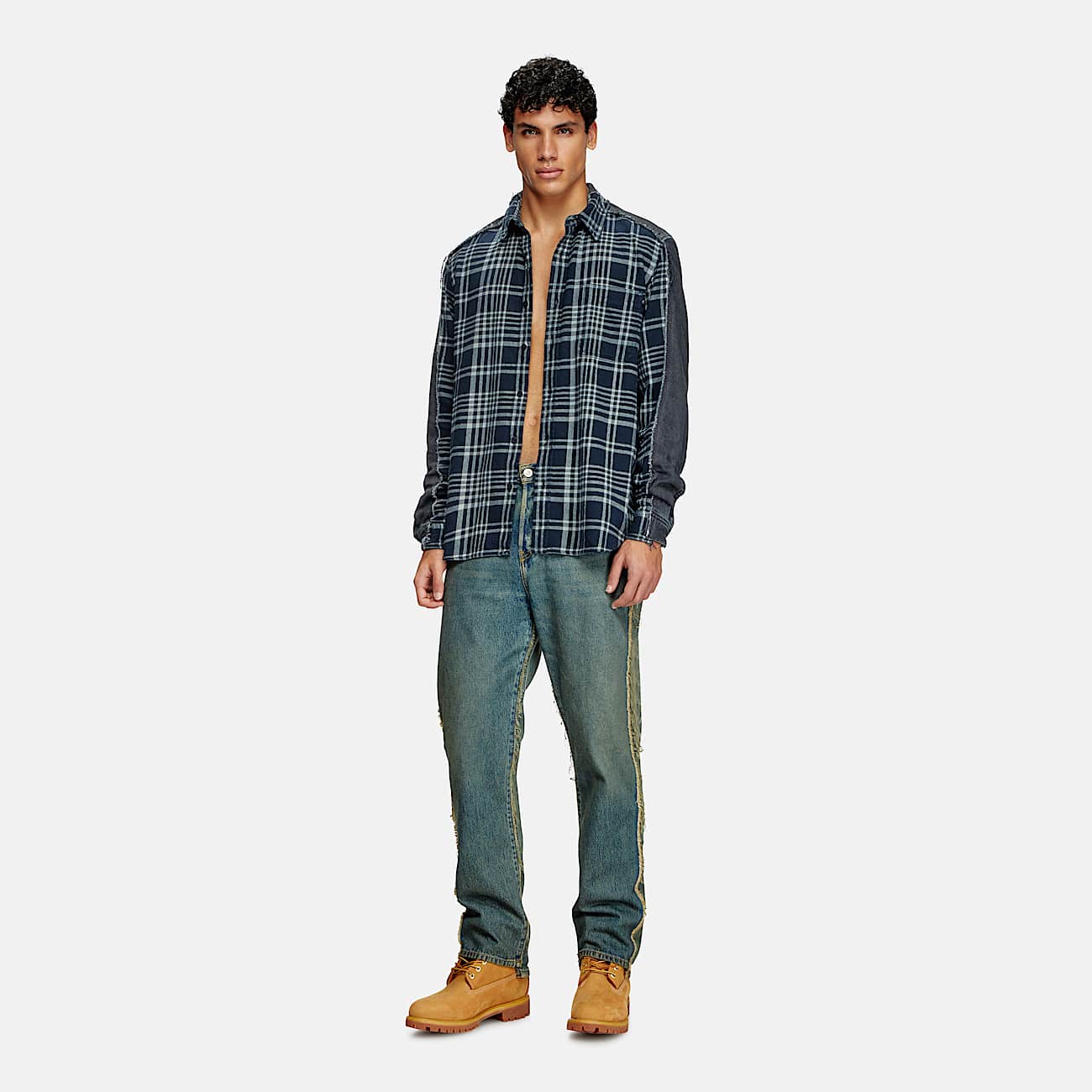 Overdyed check and denim shirt