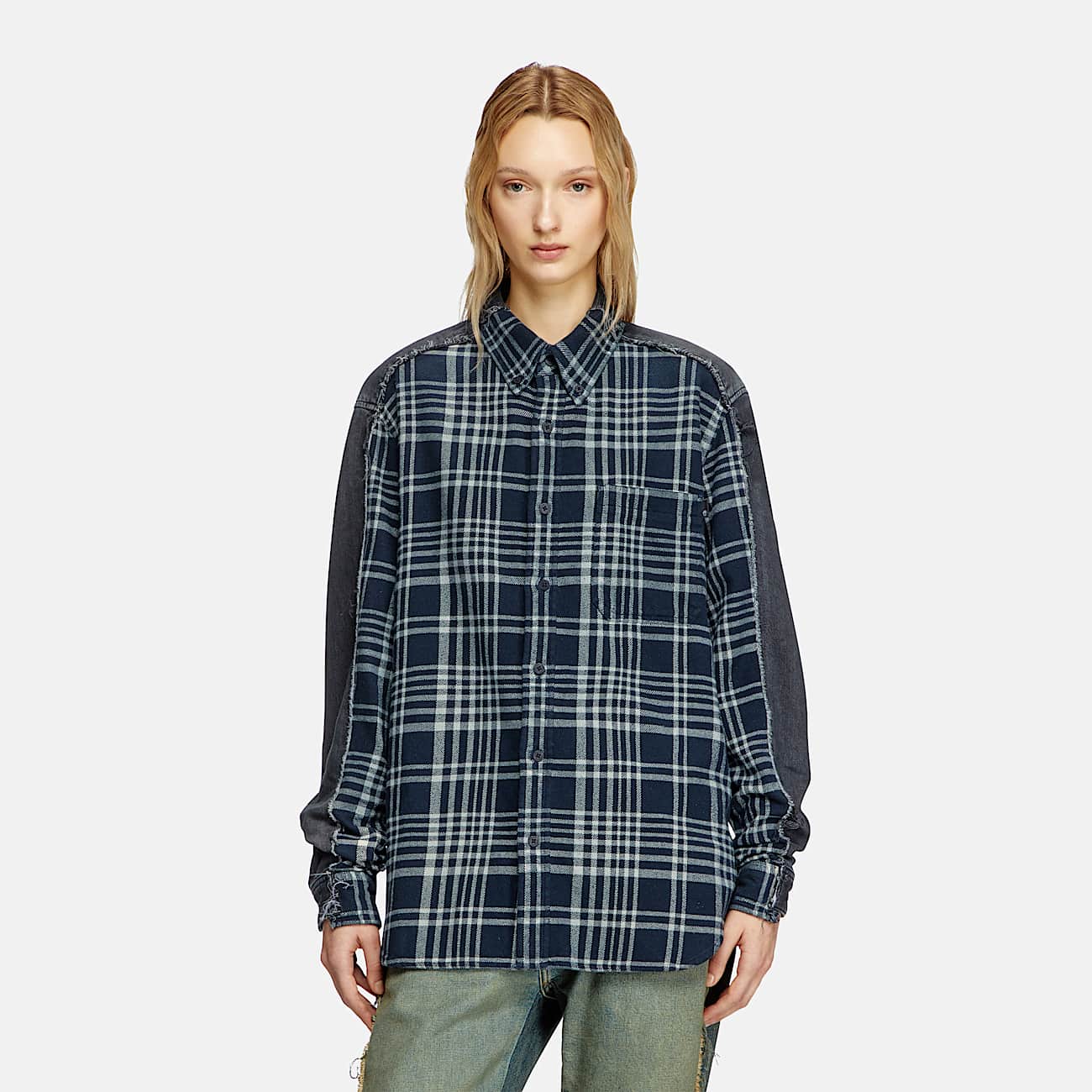 Overdyed check and denim shirt