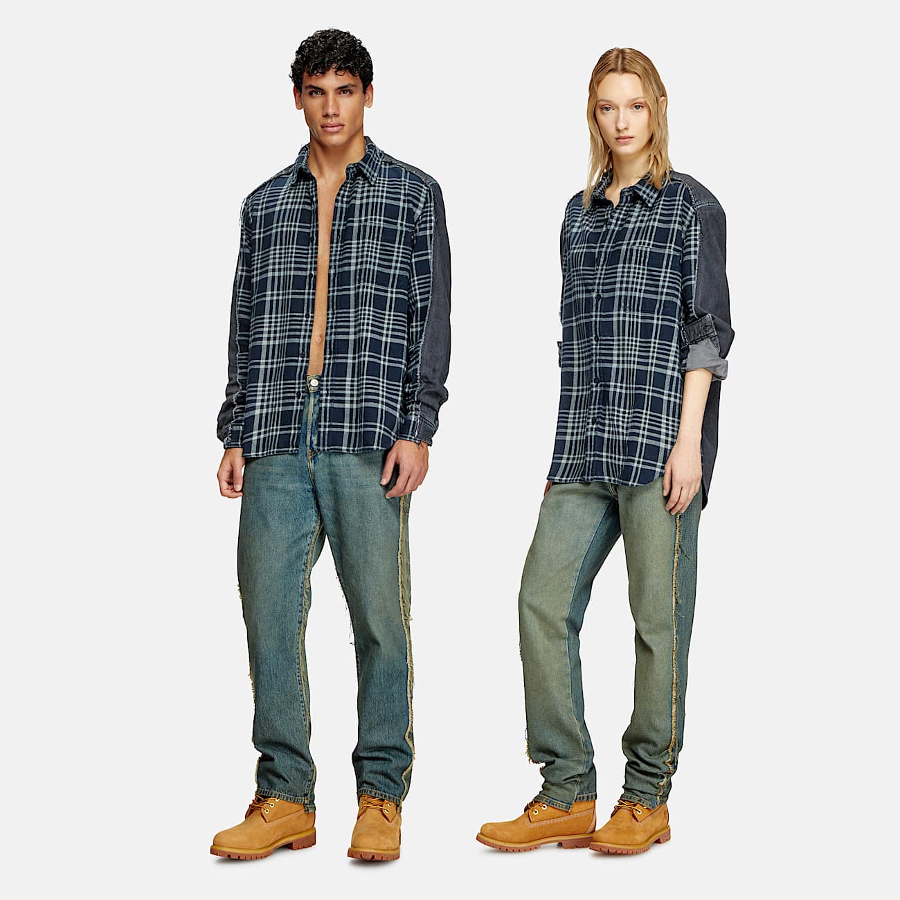 Overdyed check and denim shirt
